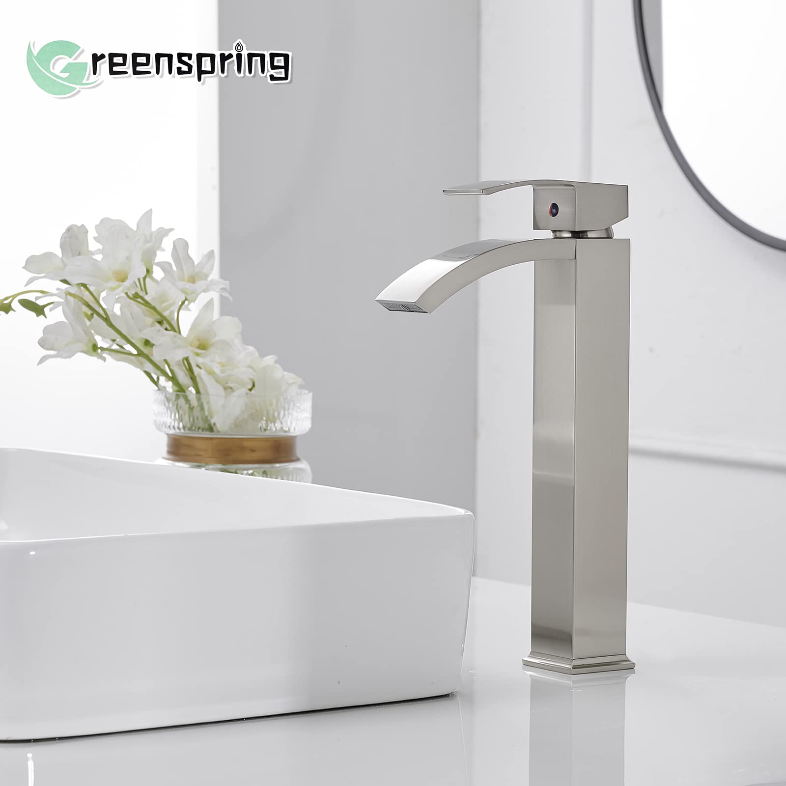 Greenspring Brushed Nickel Bathroom Faucet Vessel Sink Single Hole Single Handle Waterfall Spout Lavatory Commercial Bath Vanity Bowl Faucets Tall Body Supply Line Lead-Free
