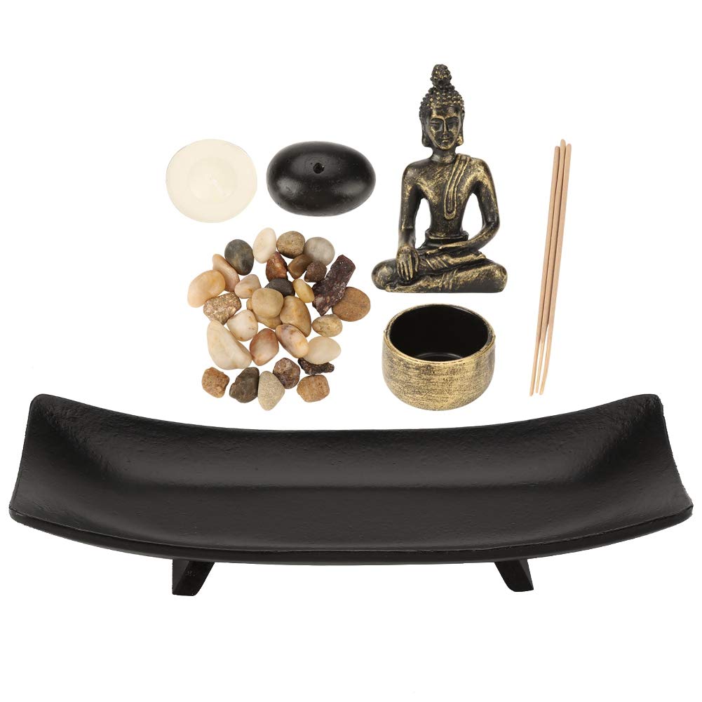 Buddha Statue Zen Garden Buddha Statue Tabletop Buddhism Feng Shui Ornament with Bronze Tealight Candle & Incense Burner Holder for Home Office Yoga Room Decoration