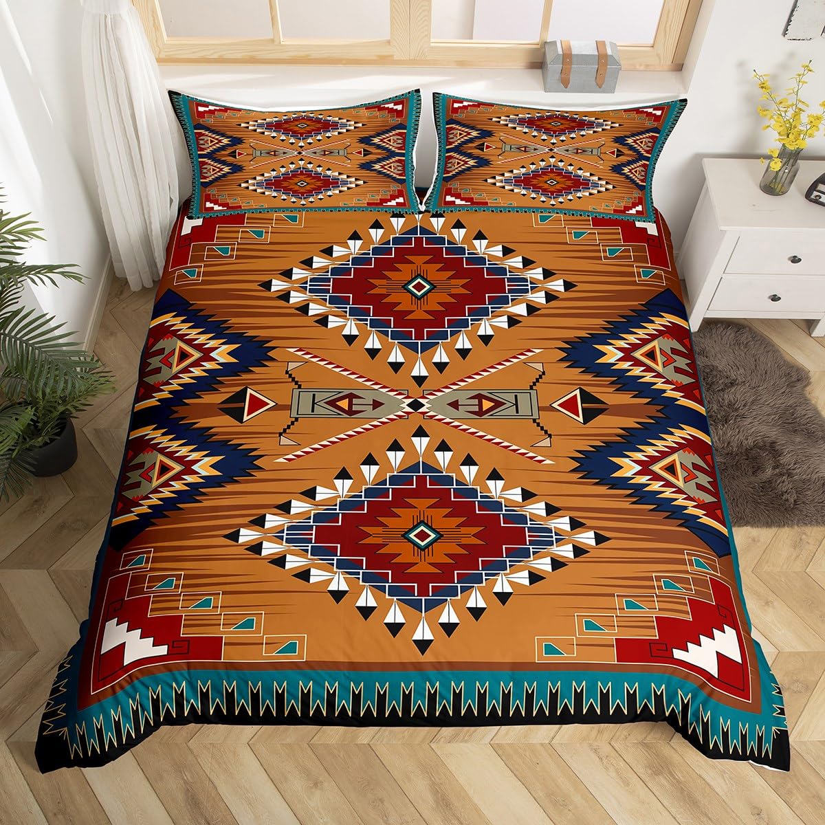 Erosebridal Bohemian Decor Bedding Set, Southwestern Native American Duvet Cover Boho Aztec Exotic Comforter Cover Vintage Rustic Farmhouse Quilt Cover Country Western Room Decor, Queen Size