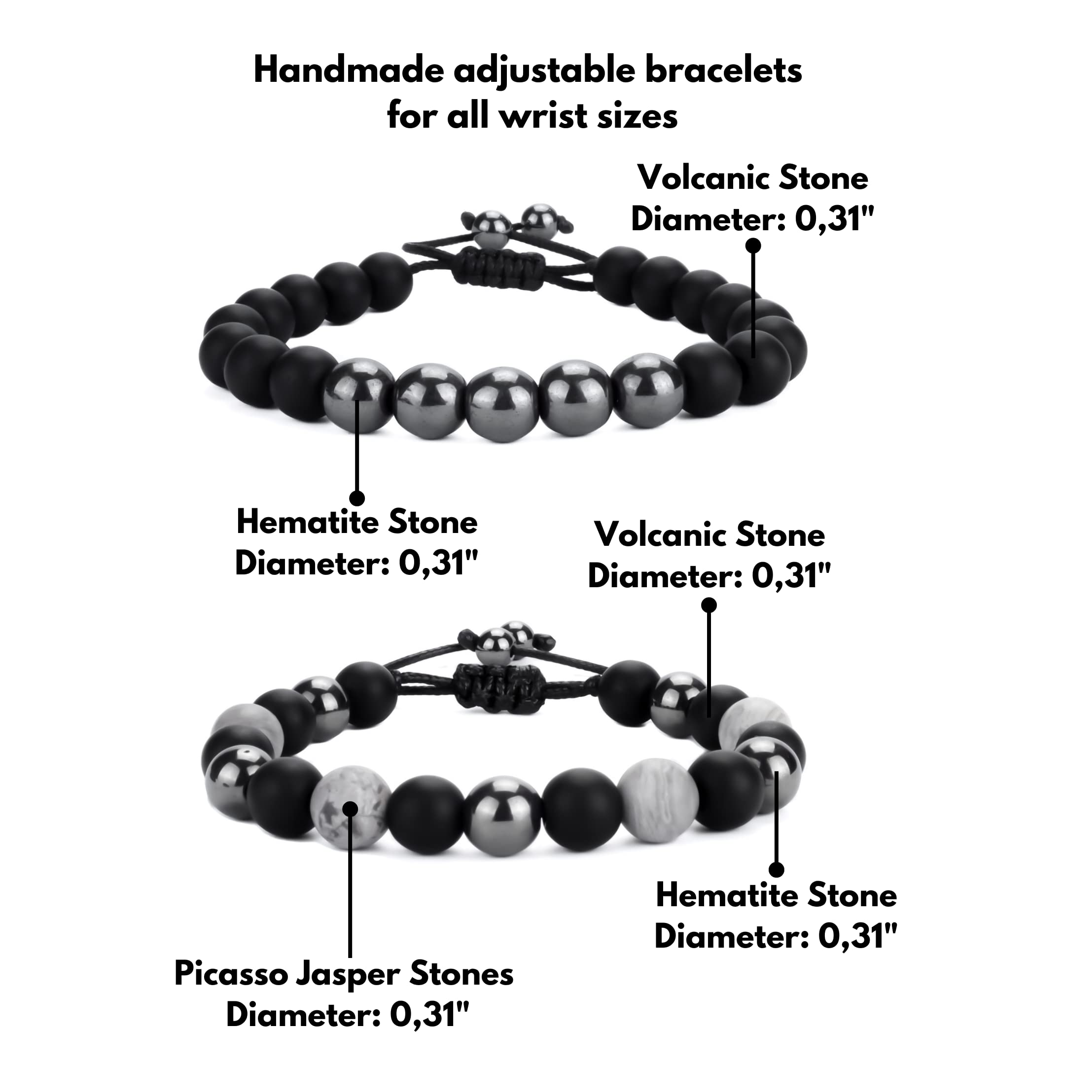 CG85 Genuine black leather bracelet with silver stainless steel thread and black steel clasp, plus 2 handwoven stone beads bracelets (3 pieces)