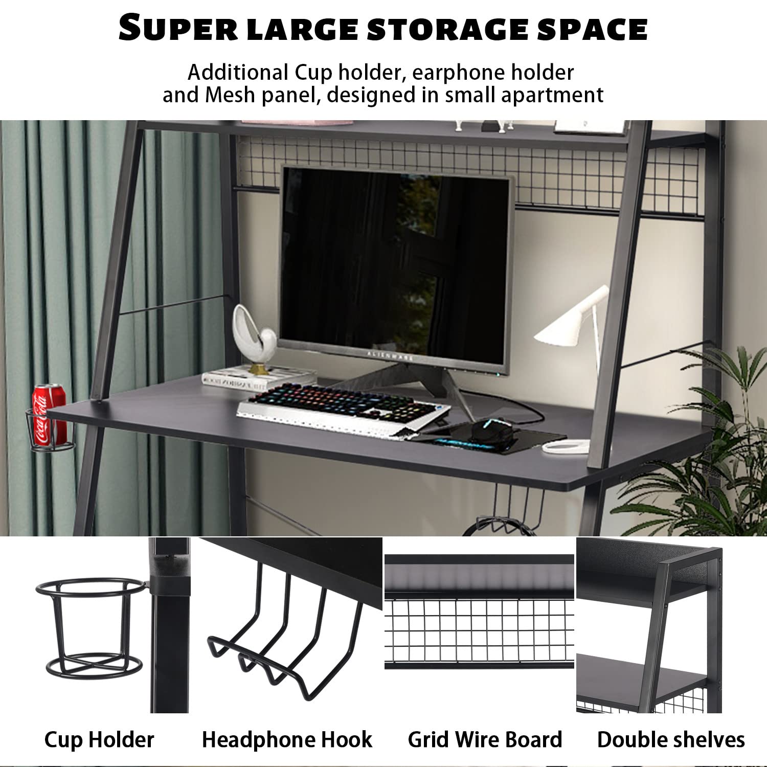 LYNSLIM Gaming Desk β 43β Computer Table for Home Office Gamer Workstation with Storage Shelf,Cup Holder and Headphone Hooks (Black, 43")