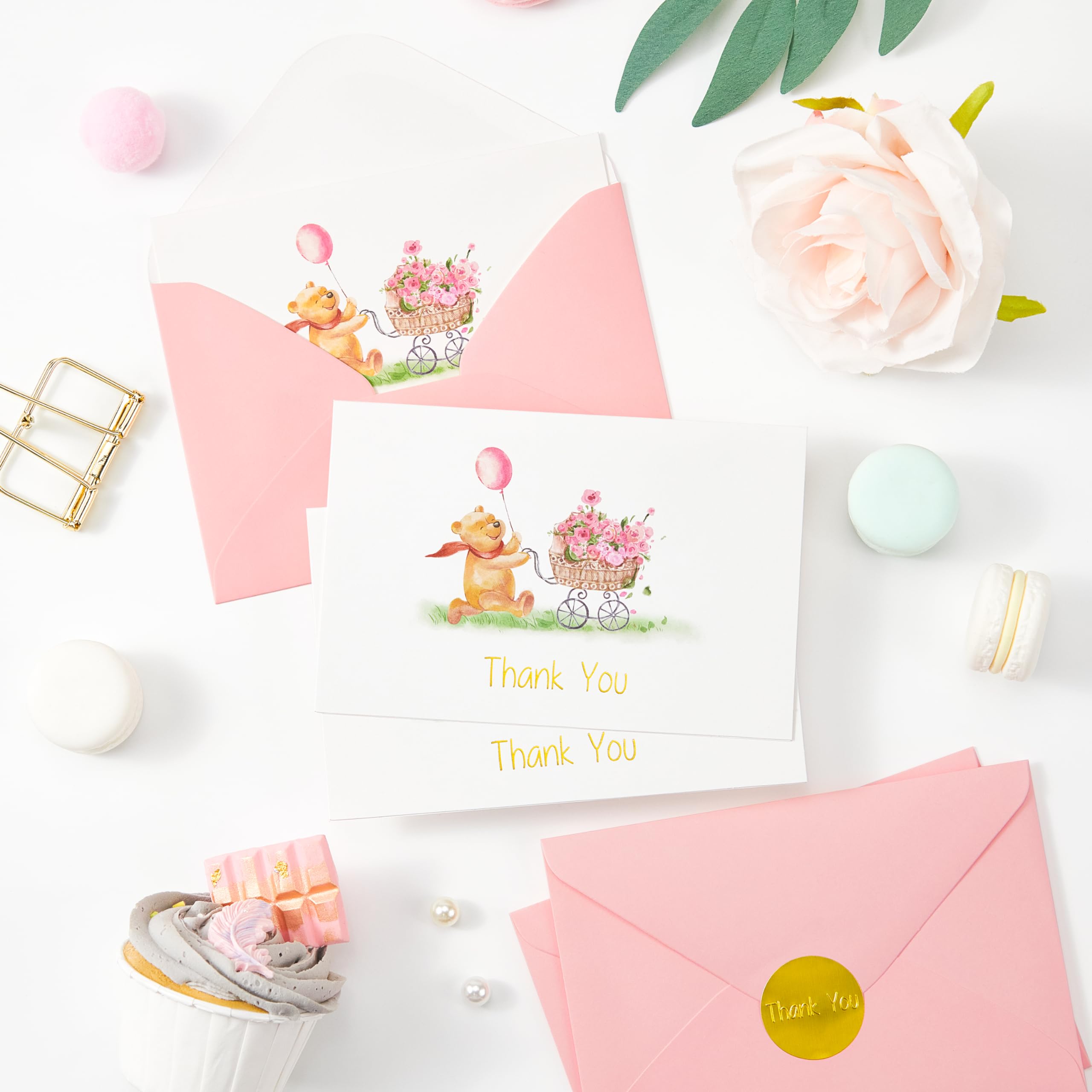 Crisky Baby Shower Girl Thank You Cards with Envelopes 50 Pack Pink Baby Shower Greeting Notes Bulk (Cute Bear with Baby Carriage)