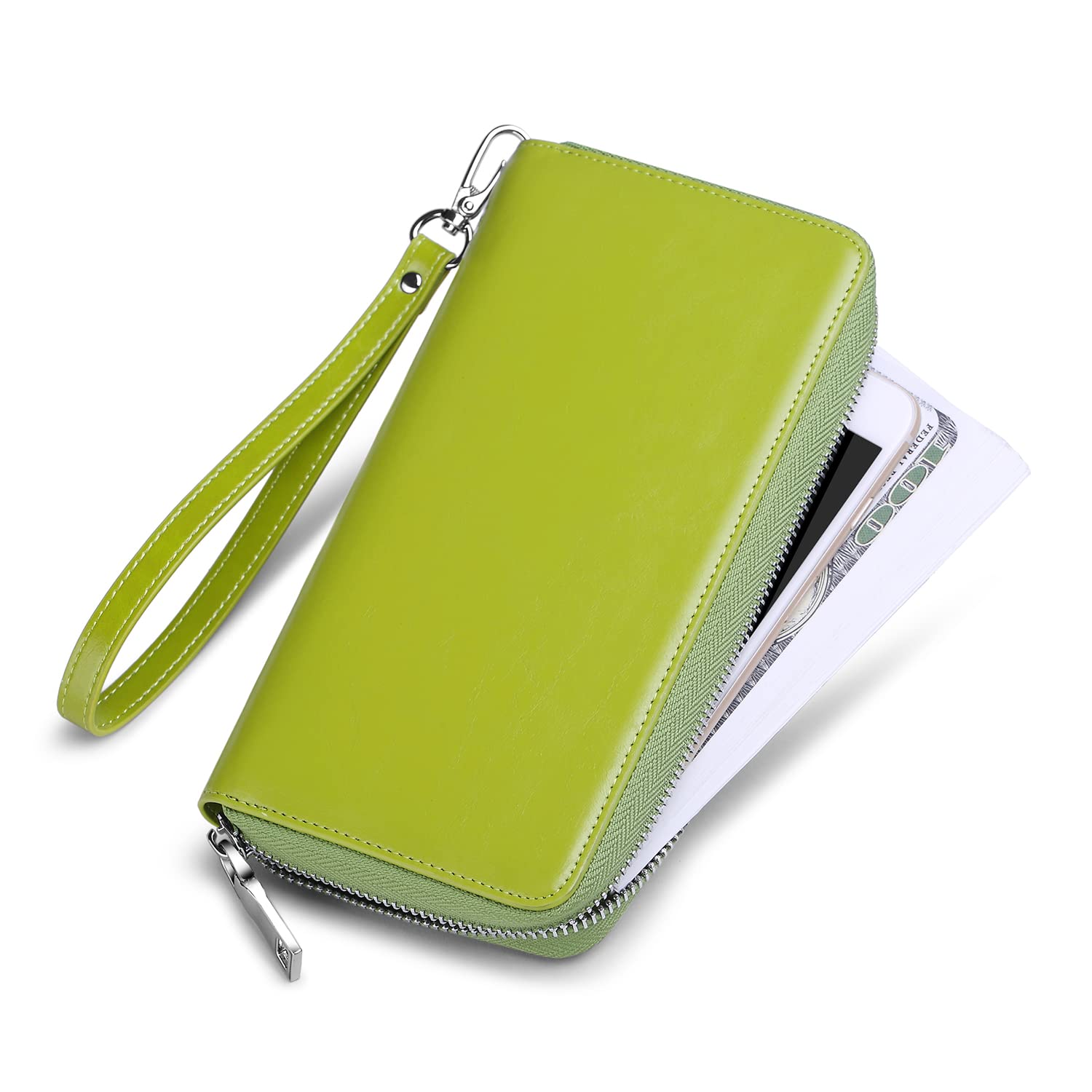 JEEBURYEE Women's RFID Blocking Large Capacity Luxury Oil Wax Genuine Leather Zip Around Wristlet Wallet Clutch Multi Card Holder Ladies Purse Green