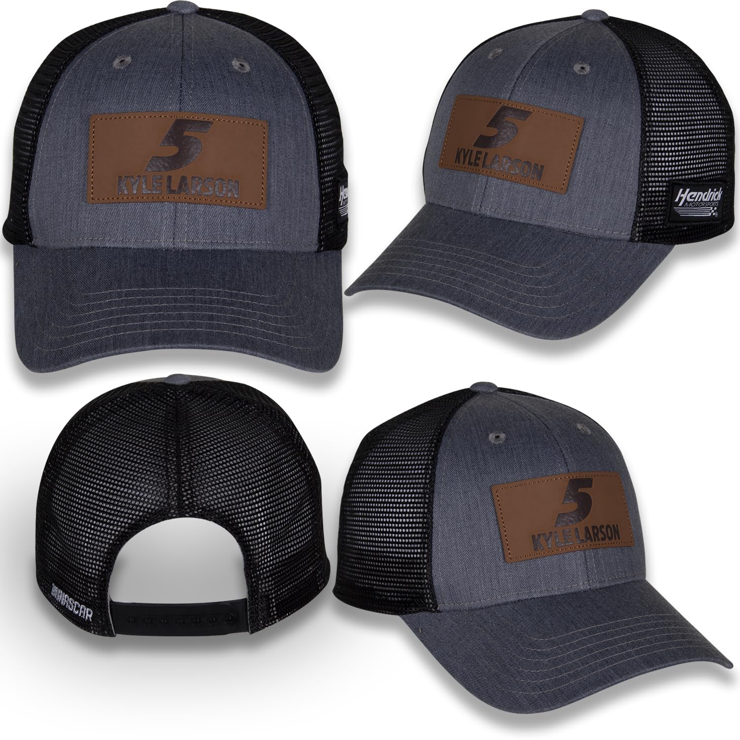 Checkered Flag Sports Kyle Larson #5 NASCAR 2023 Leather Patch Adjustable Gray Black Trucker Mesh Hat