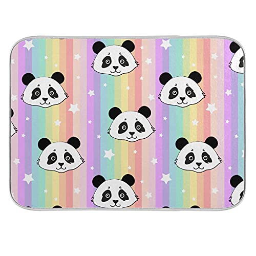 Cartoon Panda Rainbow Stripe Dish Drying Mat Counter Mats for Kitchen Dish Drainer Tray Heat Resistent Mat Terry Cloth Dish Drying Mat 18 x 24