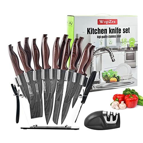 Damascus Steel Knife Set 18Pcs Non Stick Sharp Kitchen Knives Set with Acrylic Block, Cutlery Knives Block Set, Chef Quality, Best Gift (Coffee)