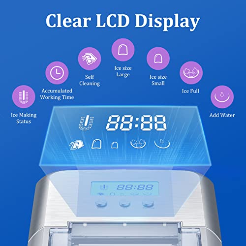Ice Maker Countertop Machine, 9 Bullet Ice Cubes Ready in 6 Mins, 22lbs Ice Cubes in 24H, Self-Cleaning, LCD Display, 2.1L Electric Stainless Steel Ice Maker with Ice Scoop, Basket
