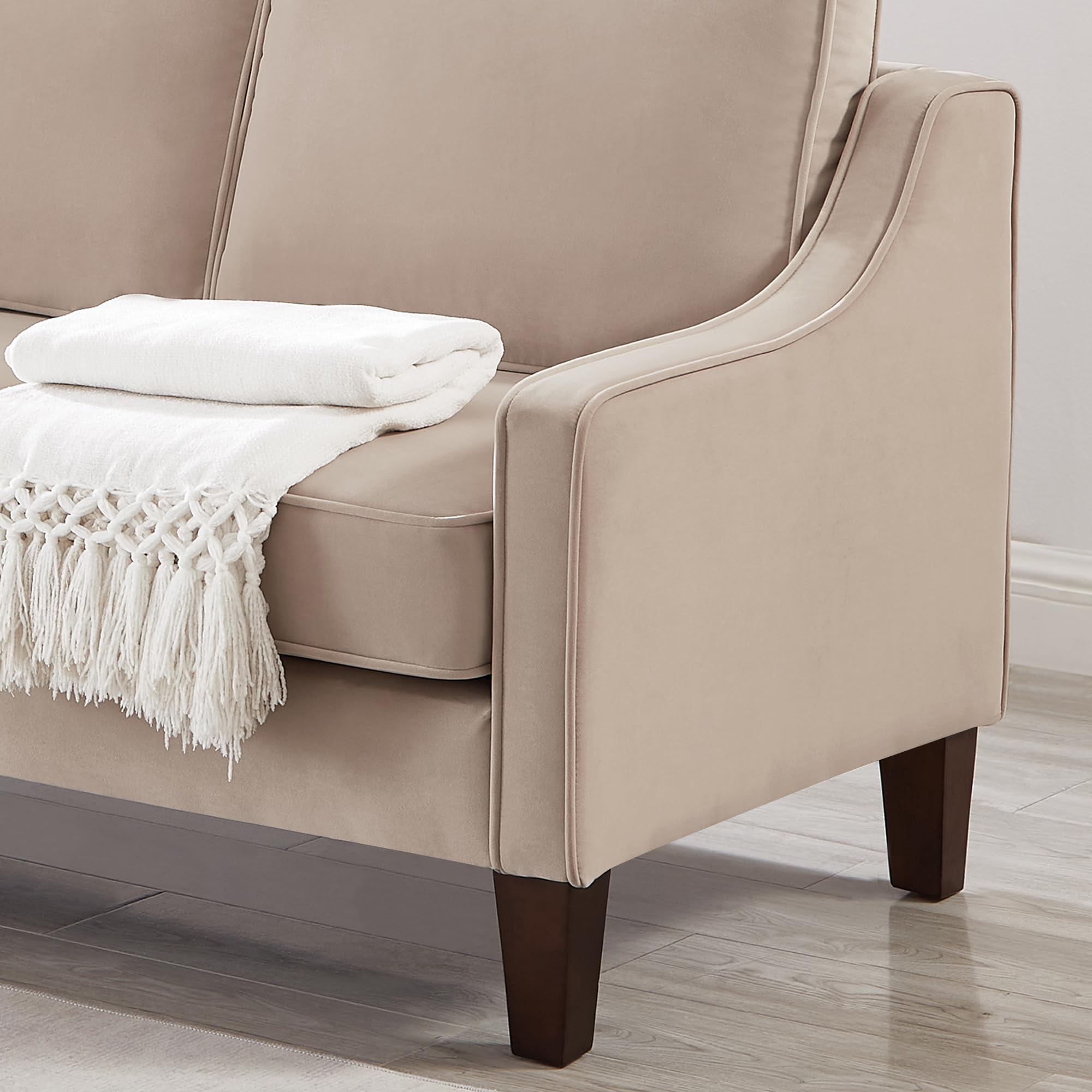 FAVSH Velvet Upholstered 3 Seats Sofa Couch with Wooden Legs and Removable Cushions for Livingroom,Apartment,Office,Taupe, 74" W