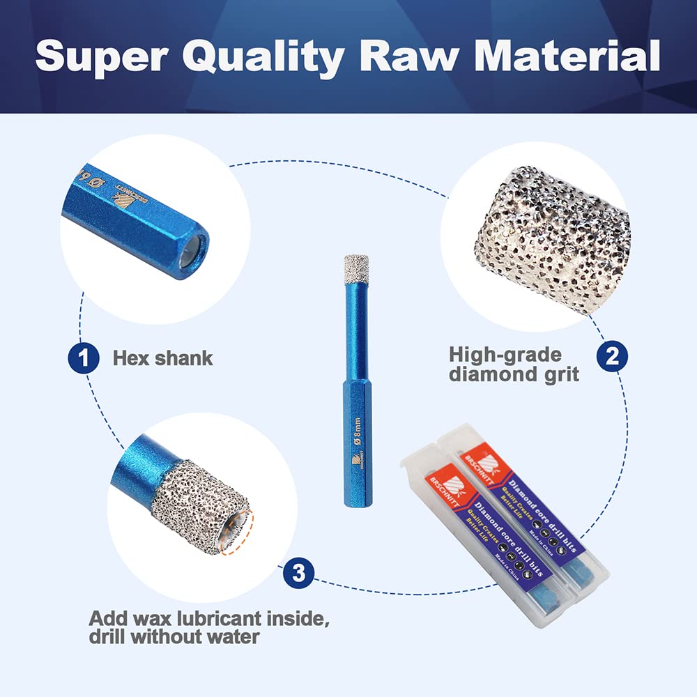 Dry Diamond Drill Bit Set,BRSCHNITT 5pcs 5/16 Inch (8mm) Diamond Hole Saw Core Drill Bit for Porcelain Tile Ceramic Stone Granite Marble,Hex Shank Dry Drilling Diamond Core Drill Bit Kit