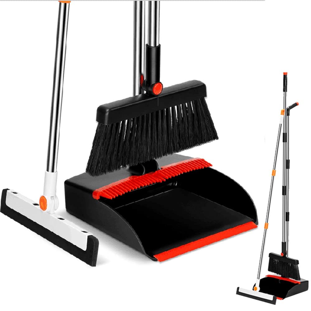 Dustpan and Broom Set Plus Squeegee Dustpan Broom Combo with Extendable & Adjustable Upright Poles to 52.4” Easy to Store Perfect for Kitchen, Outdoor, Lobby Floor and Office