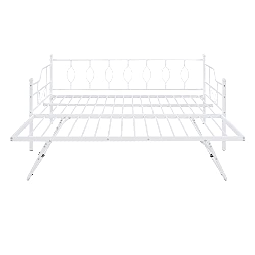 Full Size Daybed with Trundle Heavy-Duty Metal Day Bed Frame with Twin Size Adjustable Trundle Beds for Living Room Bedroom, White(Circle Pattern)