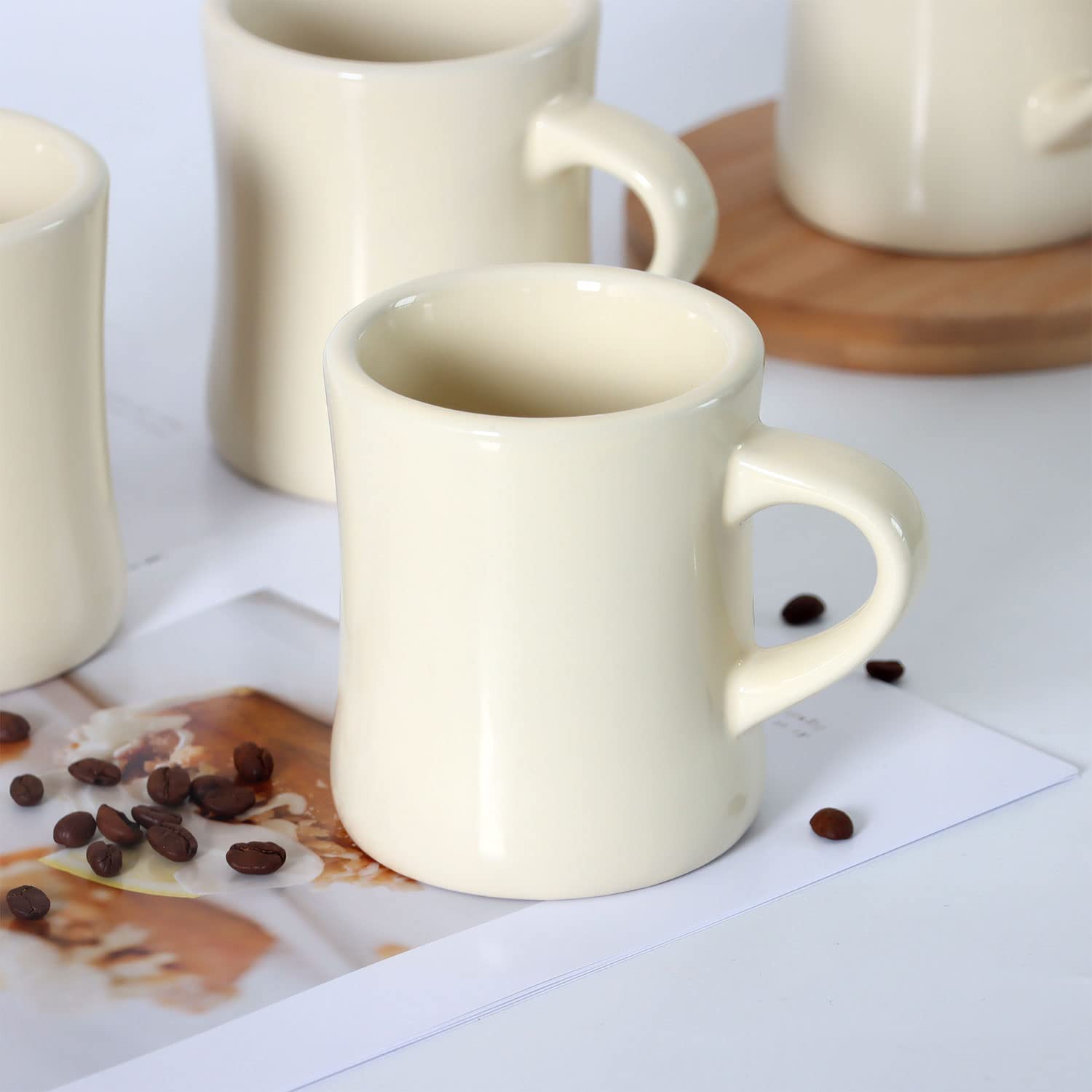 harebe Retro Coffee Cup Set of 4, 10 OZ Heavy Classic Ceramic Diner Mugs Set with Handle for Coffee, Tea, Cocoa, Milk, Latte(Cream)