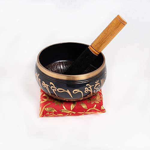 Satnam Tibetan Singing Bowl Set with Mantra Engravings | Meditation Sound Bowl | Handcrafted in India Great for Meditation, Stress & Anxiety Relief & Chakra (4 Inch, Black)