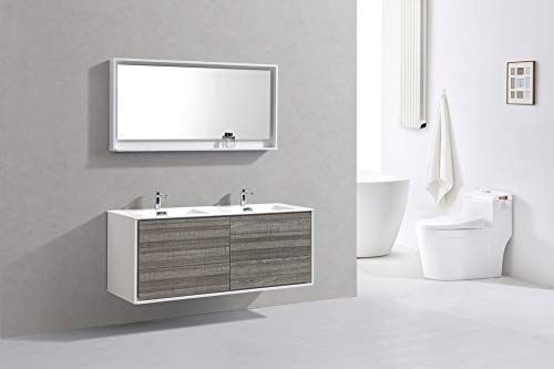 Kube DL60D-HGASH DeLusso 60" Double Sink Ash Gray Wall Mount Modern Bathroom Vanity