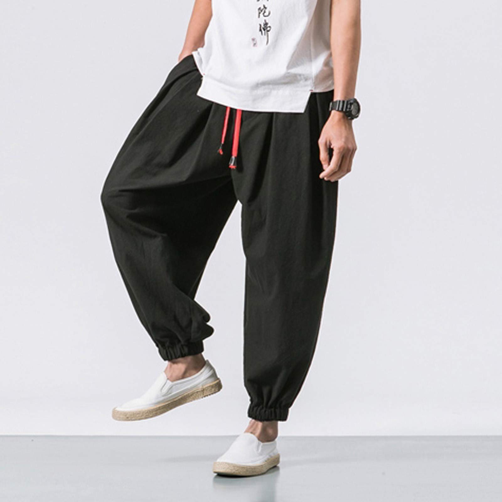 Casual Baggy Harem Pants for Men Trendy Oversized Drawstring Cotton Linen Boho Yoga Pants with Pockets Joggers Sweatpants Black