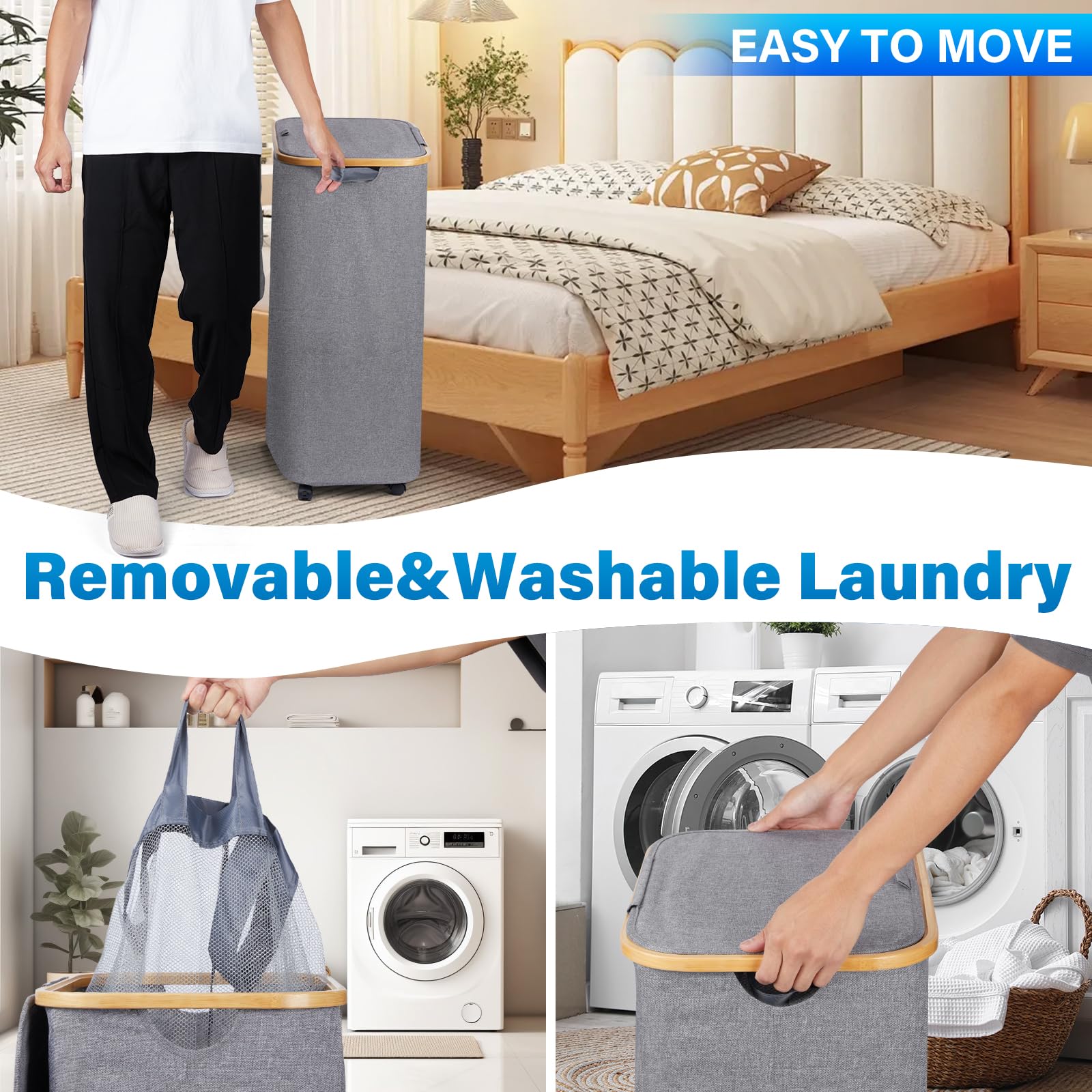 DoReFaSol Large Laundry Basket with Wheels,100L Hampers for Laundry,Freestanding Laundry Hamper with Lid and Bamboo Handles,Collapsible & Waterproof Tall Cloth Hamper for Dorm Family(Grey)