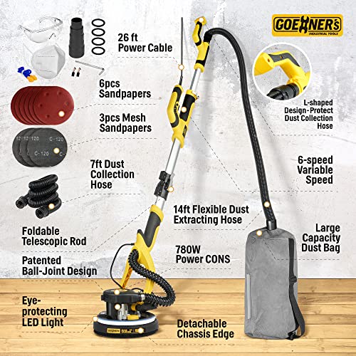 Drywall Sander, 6.5-amp Powerful Electric Drywall Sander with Vacuum, 99.5% Dust Removal, 7 Variable Speed, 900-1800RPM, Dustless Floor Sander with 26β Power Cord for Popcorn Ceiling, Wood Floor etc