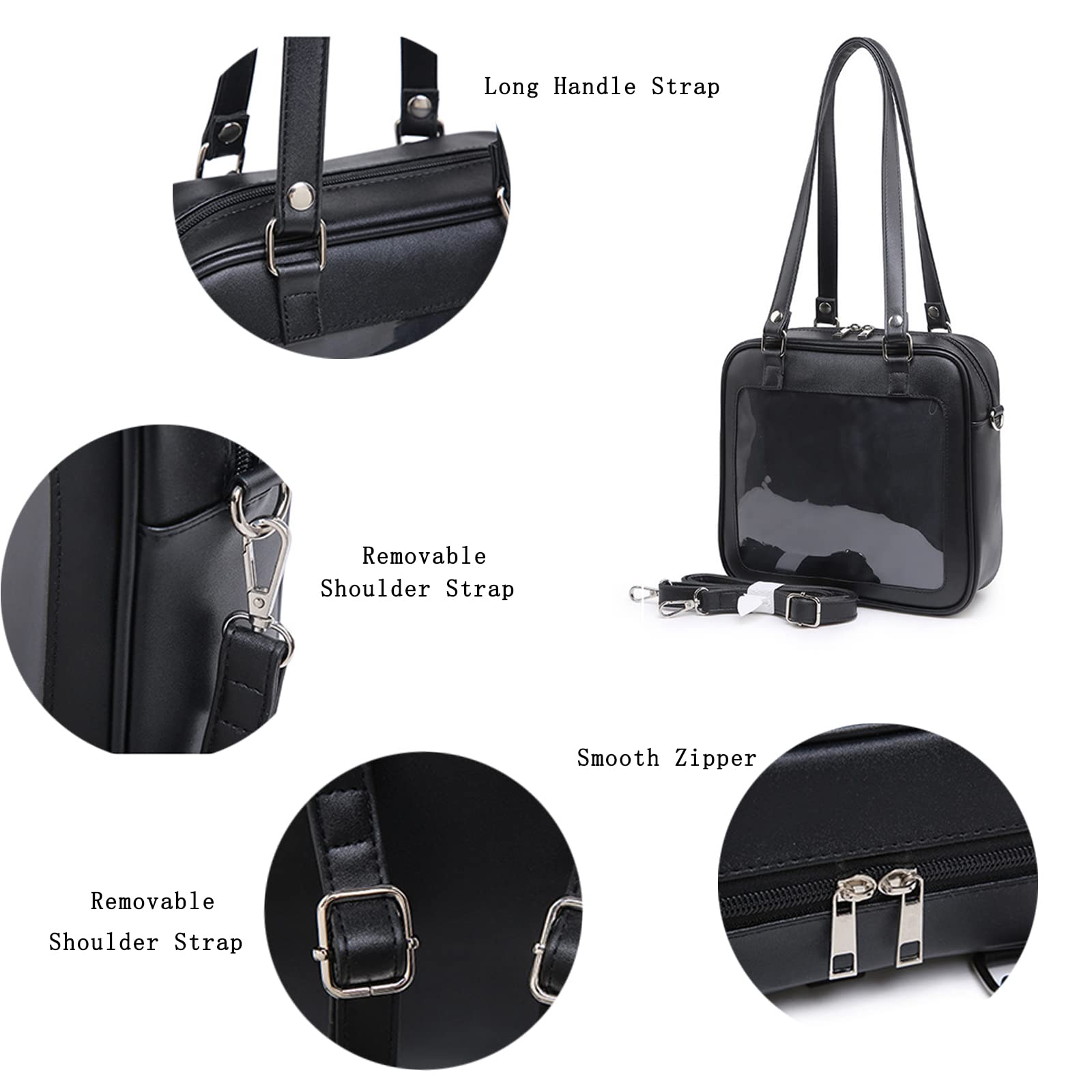 Women Ita Handbag, Tote Purse with Cute Clear Pins Display Window, Ita Shoulder Bag, Black