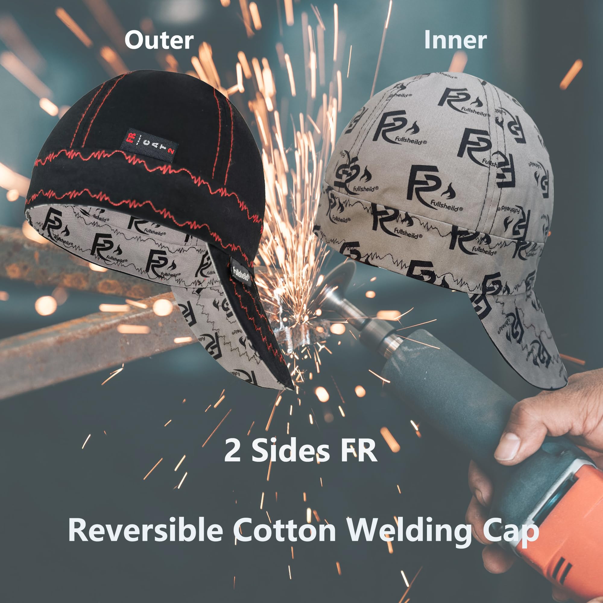Fullsheild Reversible Welding Cap Flame Resistant CAT 2 Protective FR Welder Hats 6 Pannel Midweight Printed for Men Women 2PCS 7 1/2