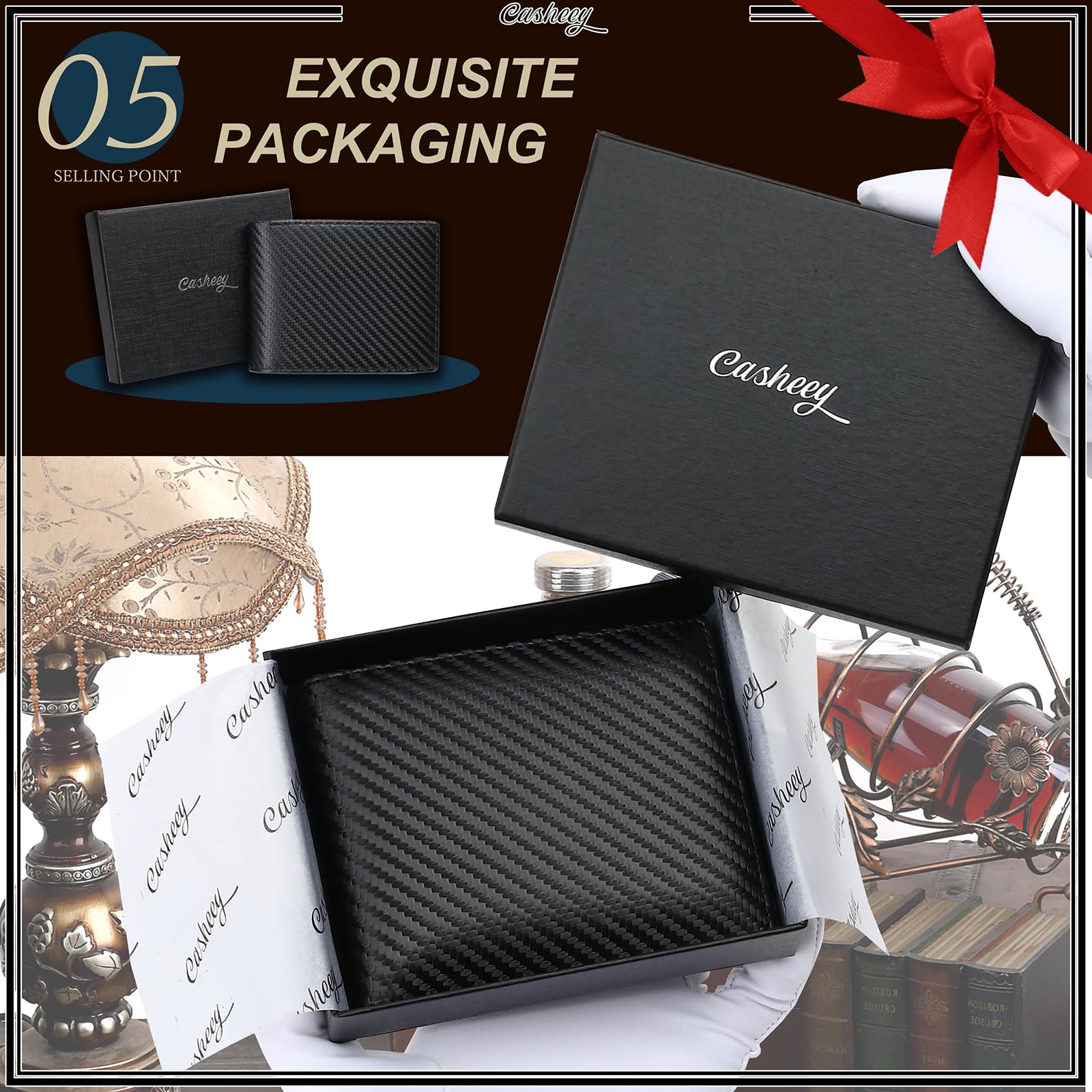 Casheey Men's Wallet with Coin Pocket, Foldable Box Design, Holds 14-16 Cards, Carbon Fiber Leather, RFID Protection, Large Capacity Bifold Wallet for Men, Exquisite Packaging