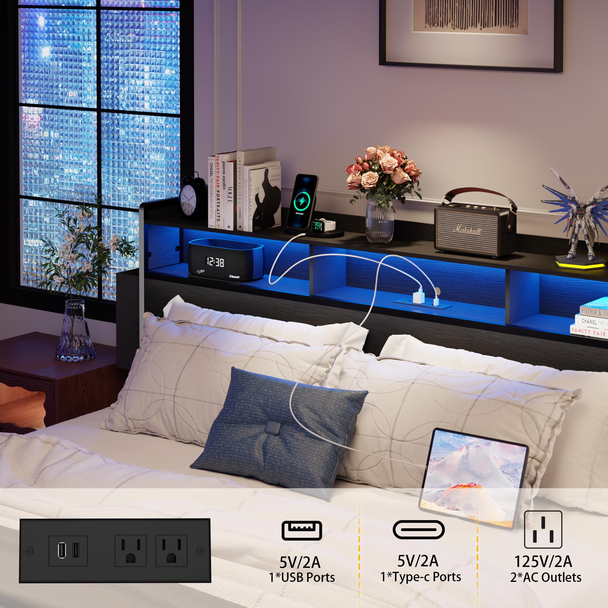 Decoholic King Size Headboard Only with Storage, Upholstered Headboard with Charging Station and LED Light, Sturdy and Stable, Easy to Assemble (Black+Barn Door, King)