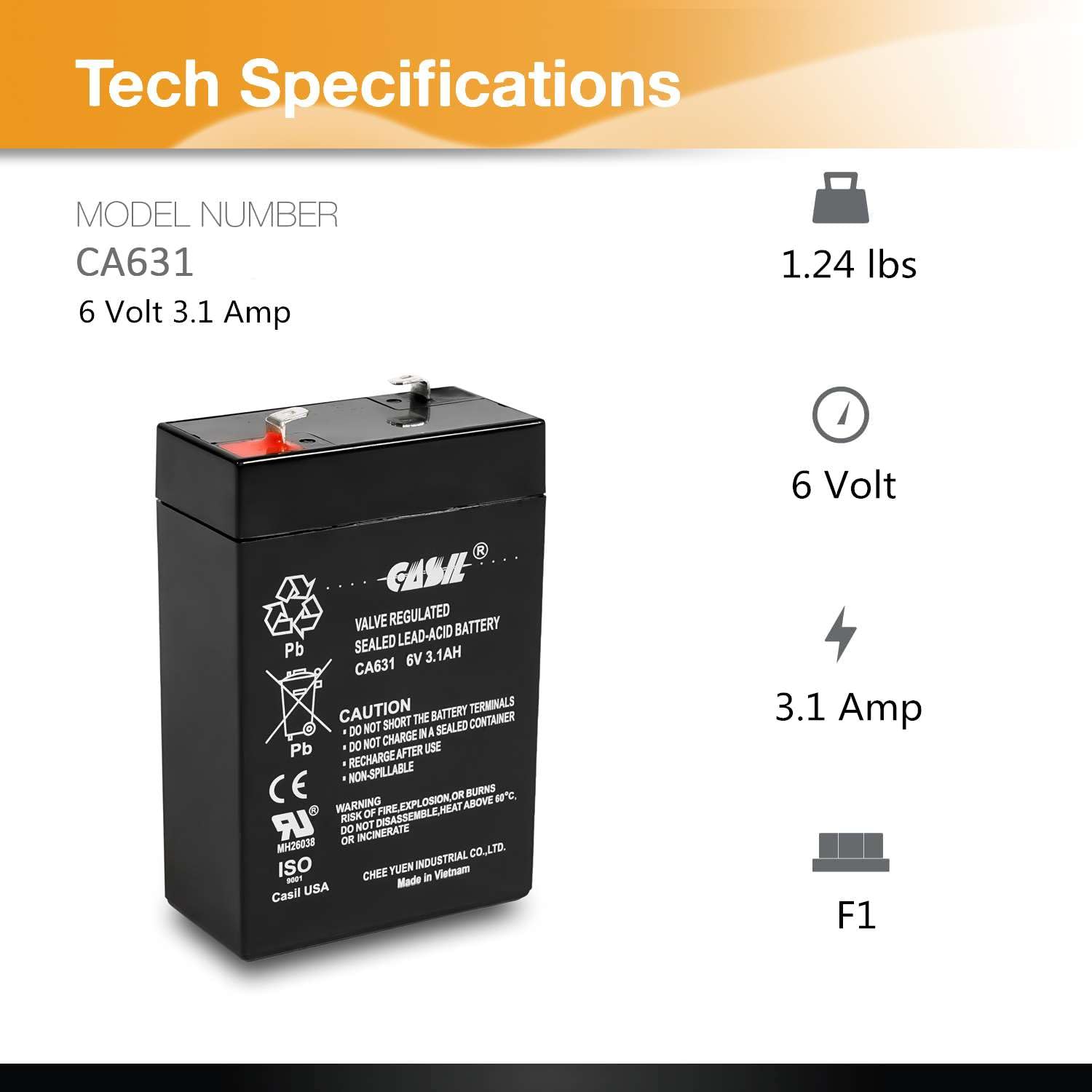 Casil Honeywell Genuine CA631 6V 3.1Ah SLA Battery for 7845GSM-K14139 (1)