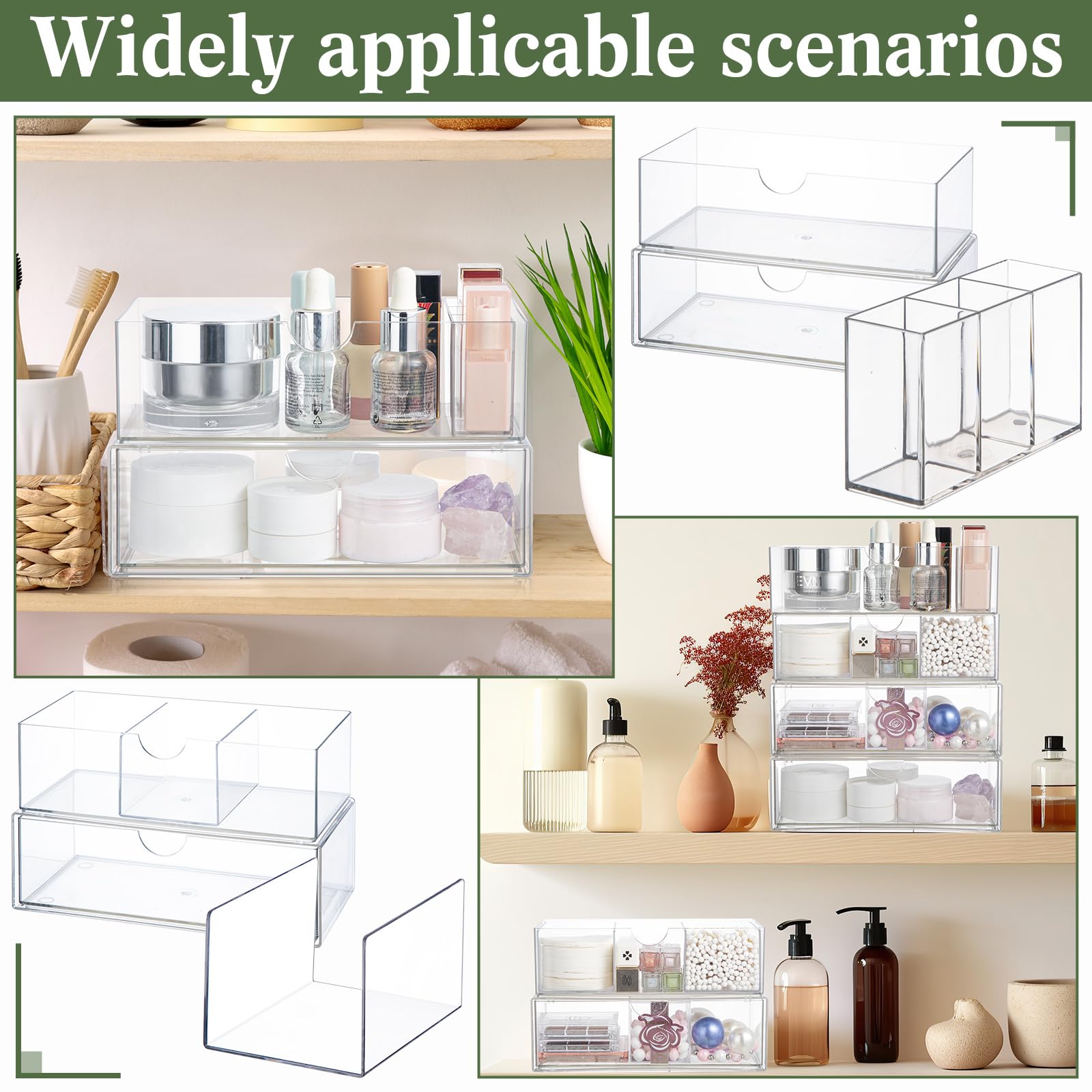 CroBlissful Medicine Cabinet Organizer 4 Tier Stackable Makeup Organizer Tray with 2 Drawers 2 Storage Box 1 Lip Gloss Holders and 1 Movable Partition for Bathroom Cabinet Wall Vanity