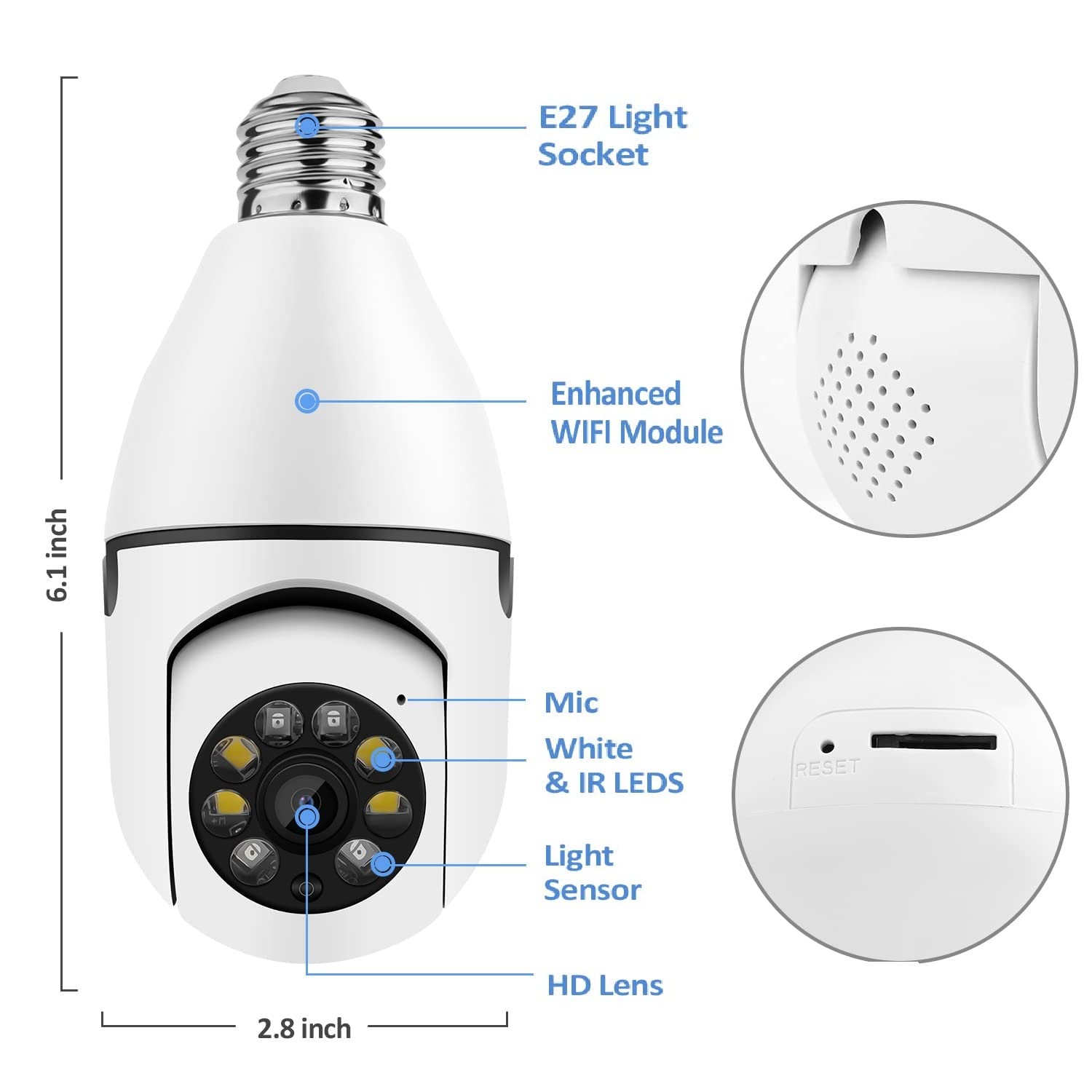 DEXINLONG Wireless WiFi Light Bulb Camera, 360 Degree E27 Security Camera Outdoor, 1080P Home Surveillance Cameras System with Human Motion and Alarm, Two-Way Audio, Full Color Day Night, White