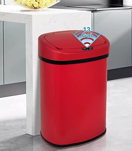 GINMAON Automatic Trash Can 13 Gallon Garbage Can with Lid Stainless Steel Large Capacity Touchless Kitchen Trash Can 50L Motion Sensor Smart Trash Bin for Kitchen, Bathroom, Office(Red)