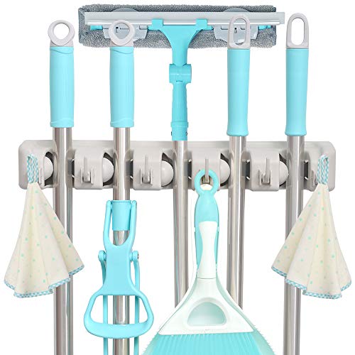 Cchainway Mop and Broom Holder, 5 Position with 6 Hooks Garage Storage Holds up to 11 Tools, Multipurpose Wall Mounted Tool Rack Organizer for Kitchen Garage