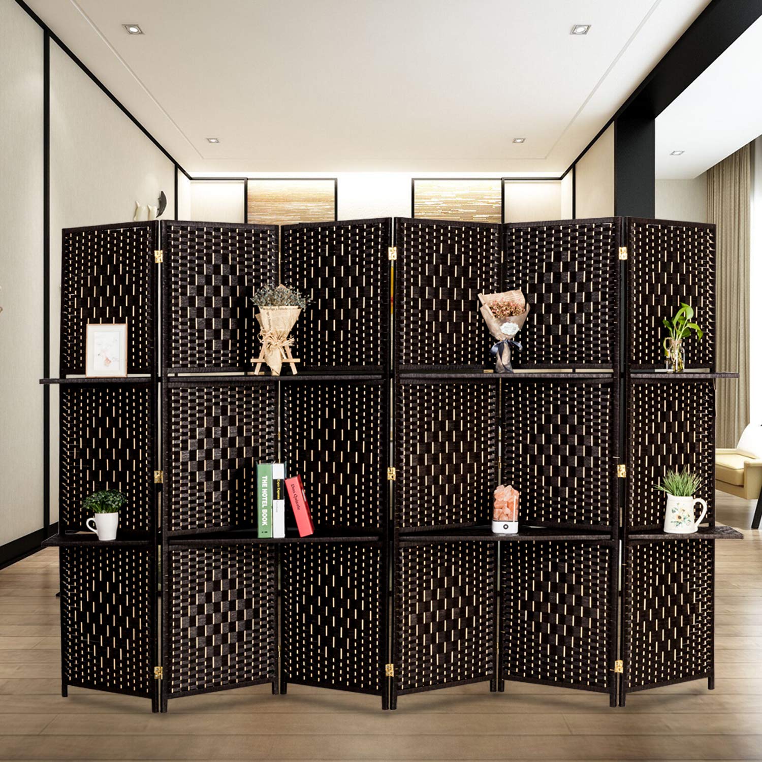 Bonnlo Upgraded Heavy Duty 6FT Tall Rattan Room Divider Screens with Partition Wall 2 Display Shelves, Indoor Folding Screen Dual-Sided Hinges for Home Office (6 Panels)
