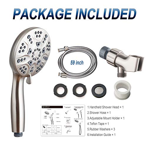 Egretshower Handheld Shower Head High Pressure 6-Setting Spray Detachable 4.3" Hand Held Rain Showerhead with long Stainless Steel Hose and Adjustable Bracket - Brushed Nickel