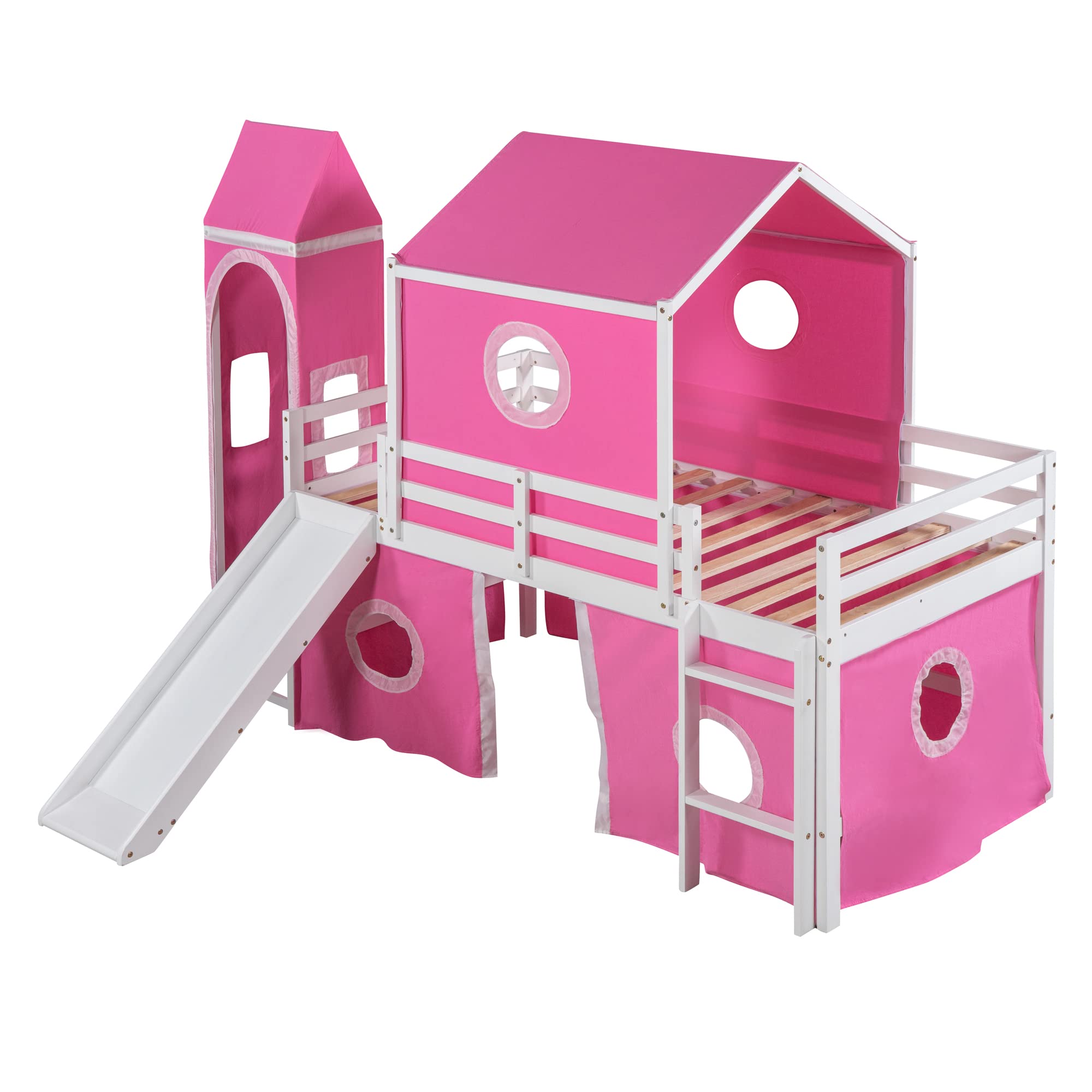 Harper & Bright Designs House Loft Bed with Slide and Tent, Twin Size Loft Bed with Small Pinnacle and Ladders, Wood Bunk Bed, Playhouse Bed Frame for Kids, Teens, Boys & Girls (Twin Size, Pink)