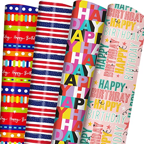 GIOLAINY Birthday Wrapping Paper for Kids Boys Girls Adults - Gift Wrapping Paper with Bright "Happy Birthday" Words, Blue Stripes and Star Design - 8 Sheets (20*29 Inch per Sheet), Recyclable, Easy to Store, Not Rolled