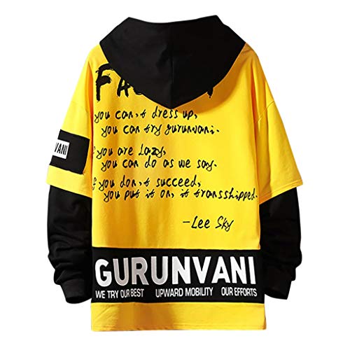 Thenlian Men's Casual Fashion Printing Patchwork Hoodie Long Sleeves Sweatershirt Tops(XXXXXL, Yellow)