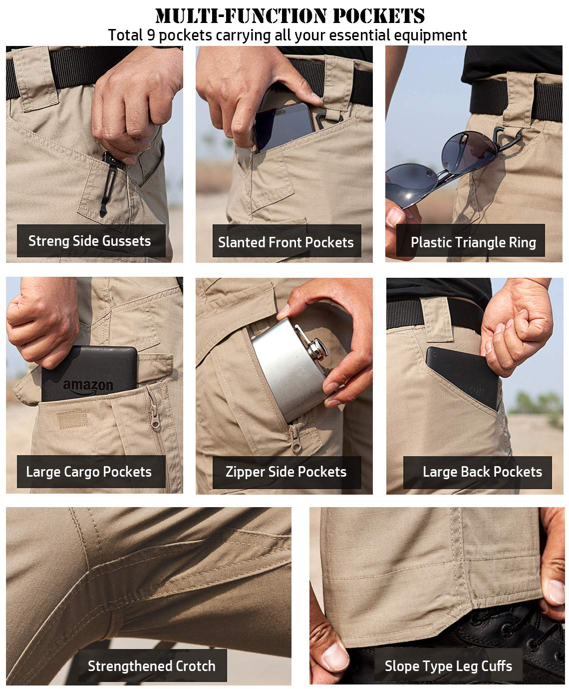 CARWORNIC Men's Outdoor Tactical Pants Rip-Stop Lightweight Stretch Military Cargo Work Hiking Pants Black