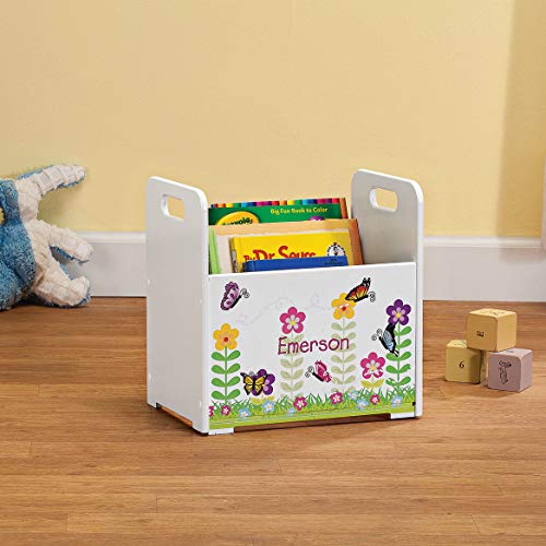 Fox Valley Traders Personalized Kids Wooden Book Caddy, Customized Children’s Book Storage Bin, Flowers and Butterflies Design