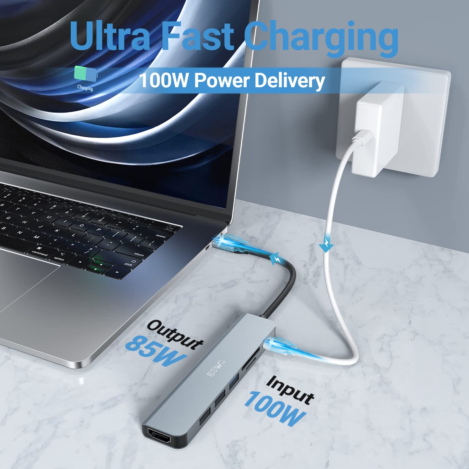 JESWO USB C Hub/Adapter, 7 in 1 with 4K HDMI Output, USB 3.0, 2 USB-A, SD/TF Card Reader, 100W PD, USB C Dongle for MacBook Pro/Air, Dell XPS More Type C Devices