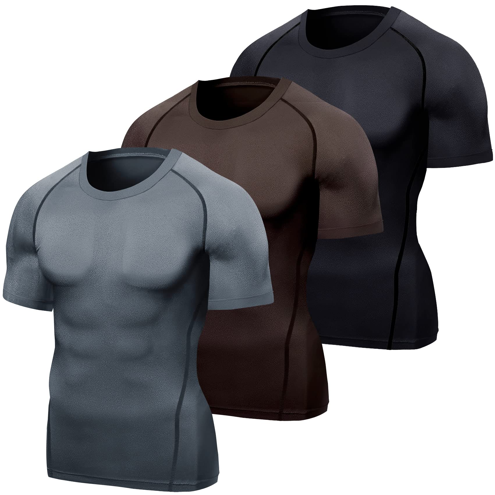 dfen 3pack Mens New Quick Dry Compression Under Base Layer Jersey Fit Cool Gear Top Round Neck Short Sleeve Shirt BBBNGG_XL