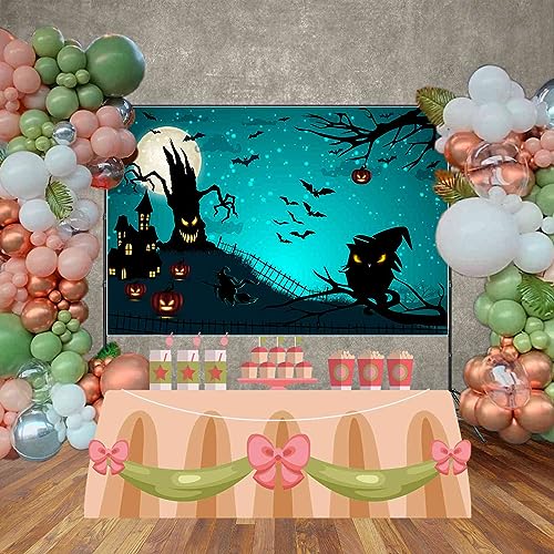 MOONDECO Photography Backdrop 7x5ft Halloween Party Props Black Tree Spider Owl Shadow Background Kids Pumpkin Lamp Ghost Fire Fly Bat Photo Booth