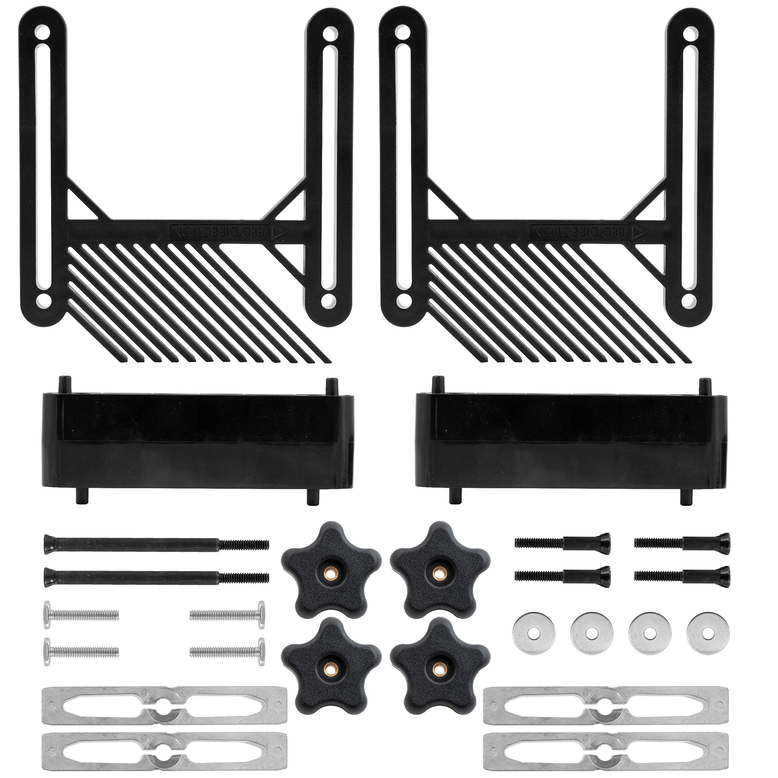 Dual Deluxe Stackable Featherboards with Riser Blocks Aluminum Miter Lock Bar and T Bolt Hardware for Track or Miter Slot Mounting Ideal for Table Saws Router Tables and Band Saws