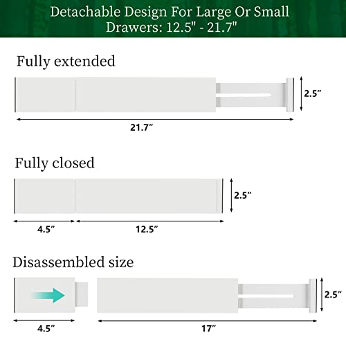 FJO 4 Pack Adjustable Bamboo Drawer Dividers Organizers (12.5" - 21.7") - Expandable Drawer Separators for Kitchen, Utensils, Clothes, Bedroom, Dresser, Bathroom (12.5inches, White)