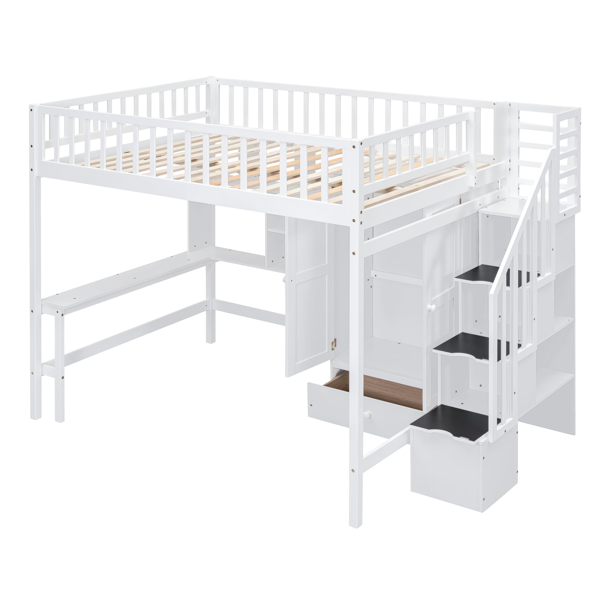 Harper & Bright Designs Full Loft Bed with Stairs and Wardrobe, Wooden Full Size Loft Bed with Desk Underneath, Loft Bed with Storage Staircase and Shelves for Girls Boys Teens,White