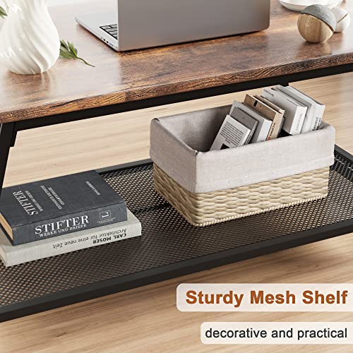 IDEALHOUSE Coffee Table Industrial Center Table 2-Tier Living Room with Mesh Shelf Rectangle Wood Cocktail Table Metal Frame, Easy to Assemble, Rustic Brown