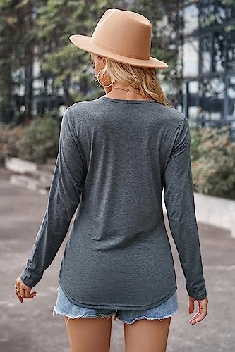 KILIG Women's Basic Long Sleeve Henley Shirts V Neck Button T Shirt Casual Plain Tops Slim Fit for Autumn Winter(D5-Dark Gray,Small)
