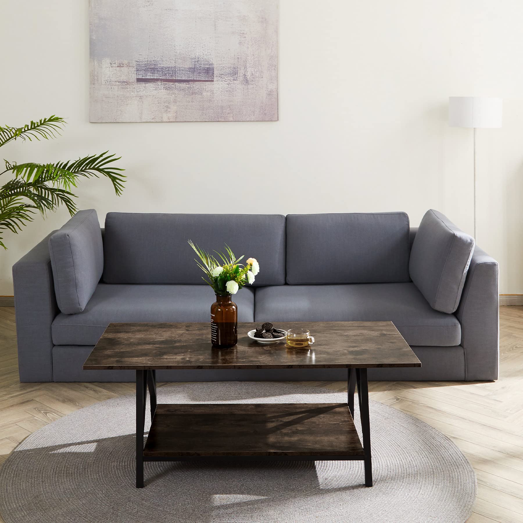 CO-Z 47" Industrial Coffee Table with Storage Shelf, Wood and Metal Legs for Living Room, 2-Tier Accent Cocktail Table, Easy Assembly, Rustic Brown