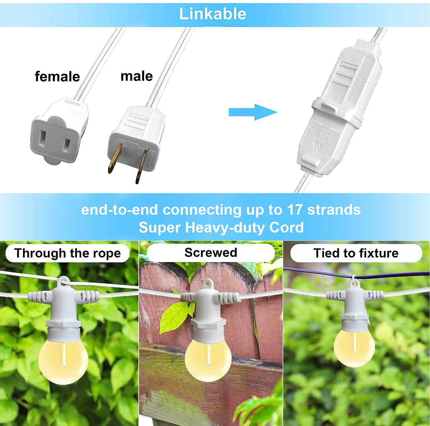 WOOLZ 50FT Led Outdoor Patio Lights with 24+1(Spare) 1W Dimmable Shatterproof G40 Bulbs, Waterproof Outdoor String Lights for Garden, Bistro, Cafe, Pergola and Porch.
