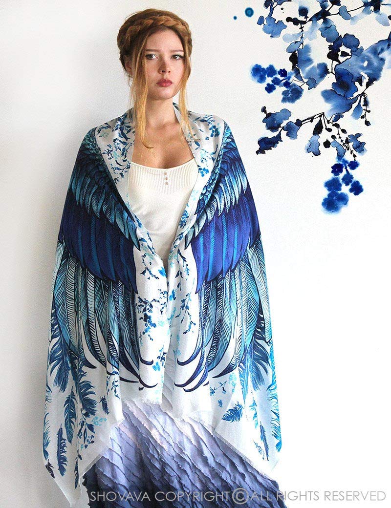 Pure Silk Wearable Artistic Hand Painted Bird Wing Feather Scarf (Blue Wings)