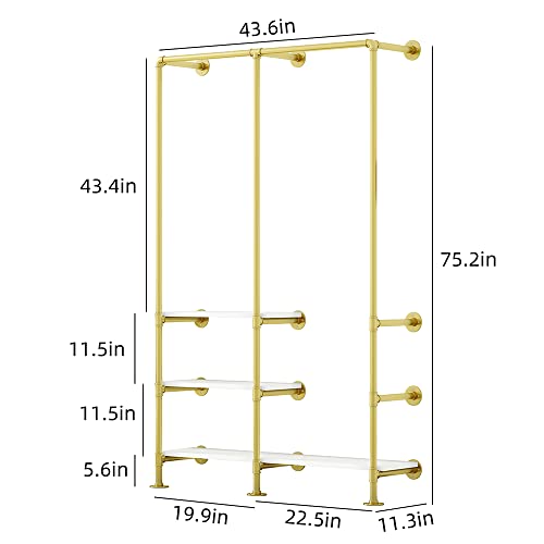 HEONITURE Gold Clothing Rack with 3-Tier Shelves, Multi-Purpose Heavy Duty Industrial Pipe Clothes Rack, Wall Mounted Garment Hanging Rods for Closet and Bedroom (Gold)