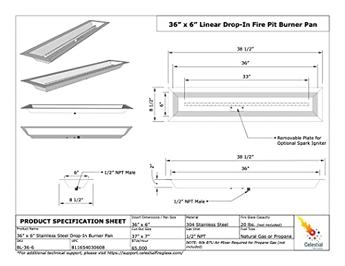 Celestial 36" x 6" Commercial Grade Linear Drop-in Fire Pit Pan w/Burner, 16 Gauge Stainless Steel, 65,000 BTU, Beveled Lip for Extra Strength, Natural Gas or Propane, for DIY Outdoor Gas Fire Pits